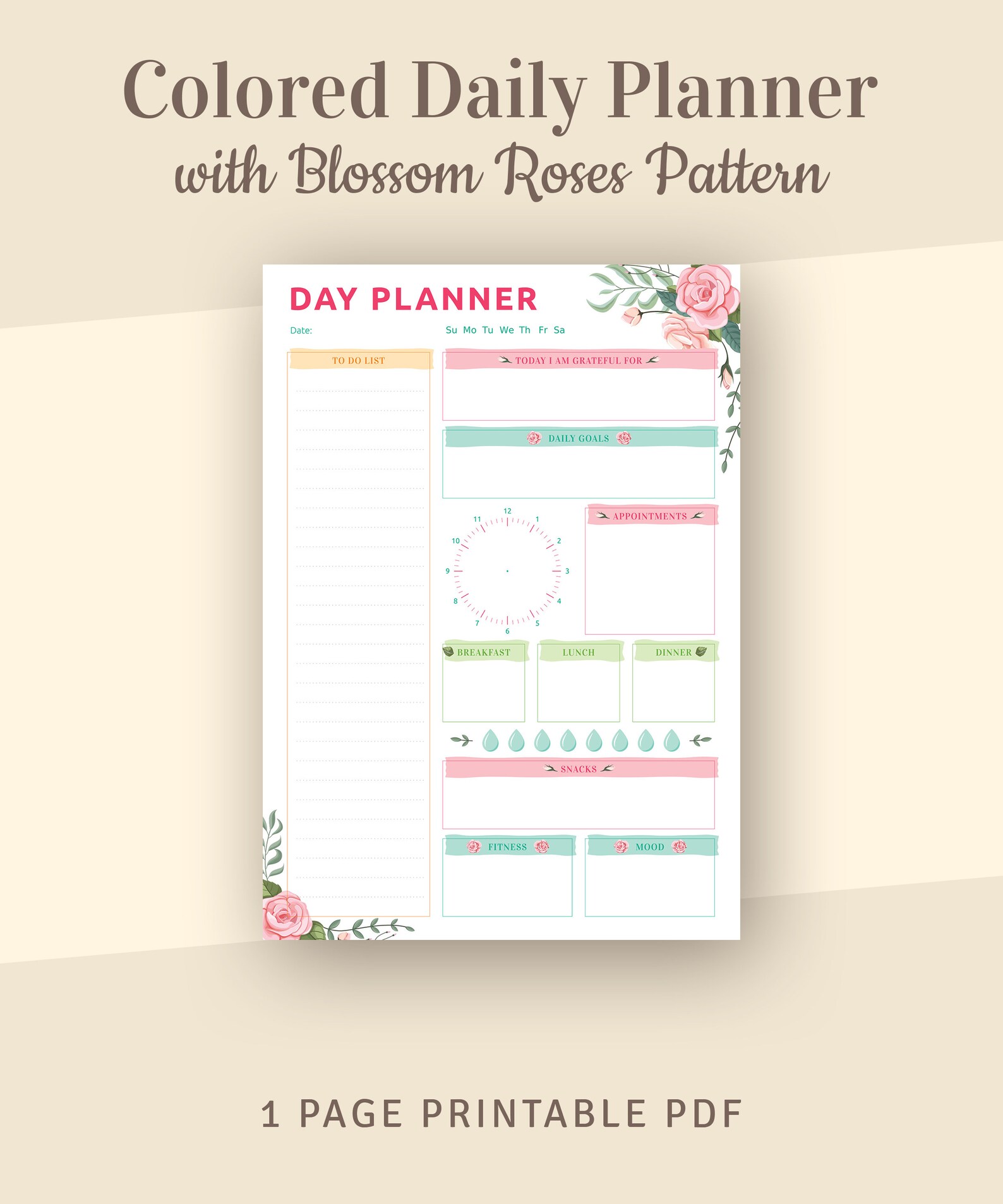 Colored Daily Planner With Blossom Roses Pattern Day Agenda - Etsy