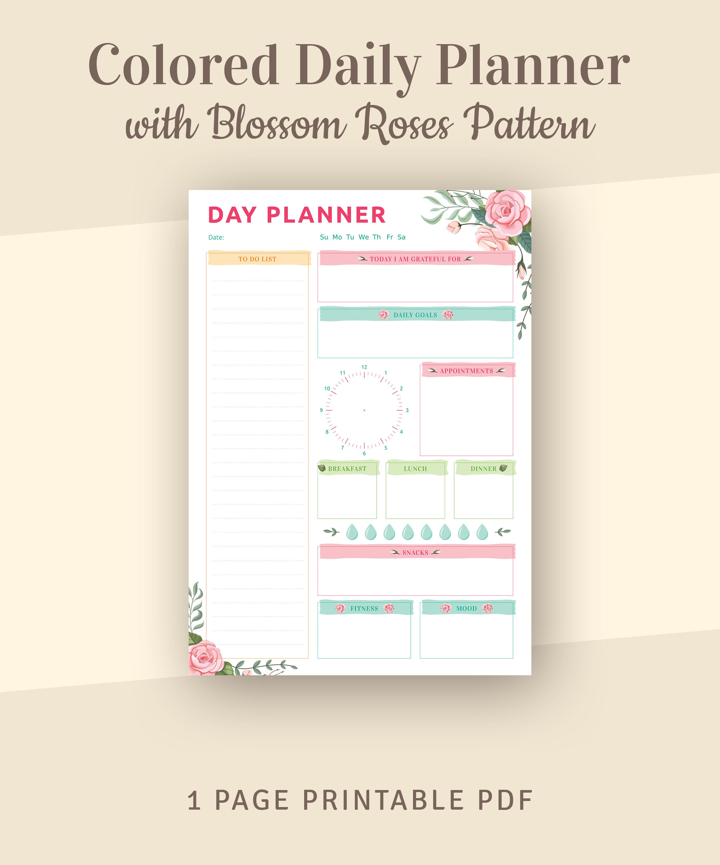 Colored Daily Planner With Blossom Roses Pattern Day Agenda - Etsy