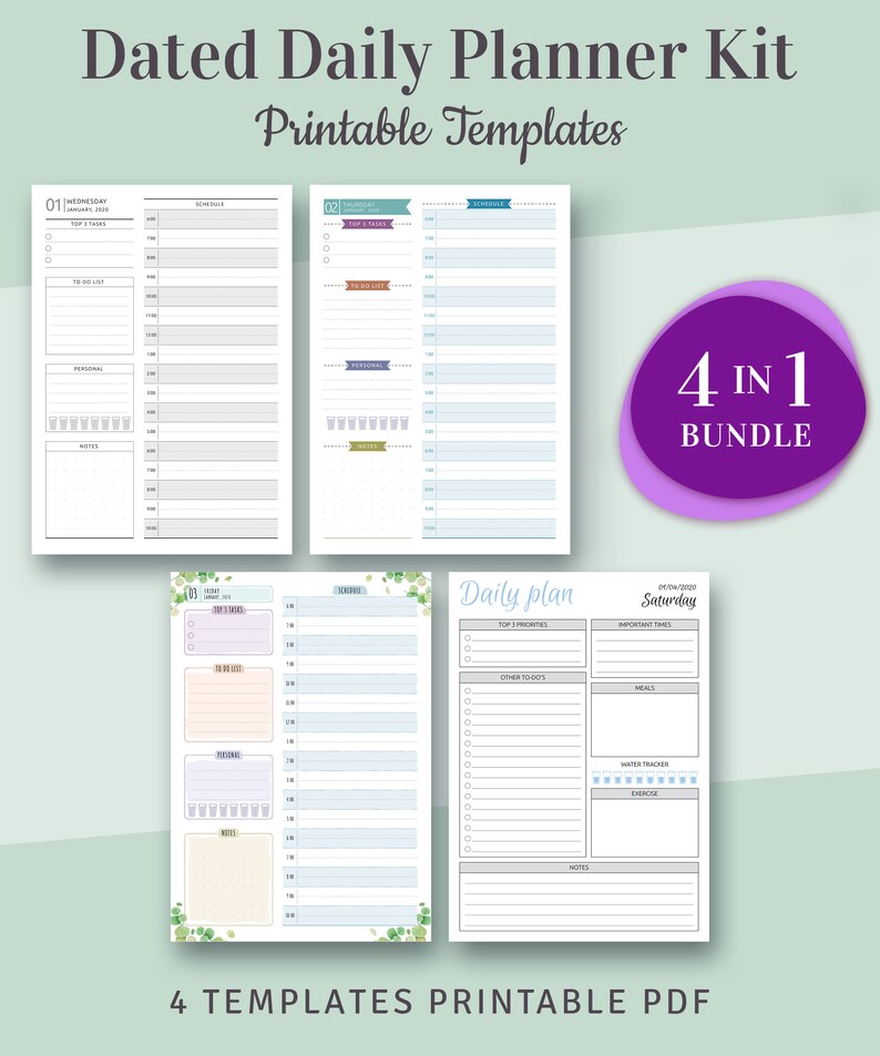 Dated Daily Planner Kit Printable Daily Plan Templates 4 in 1 | Etsy