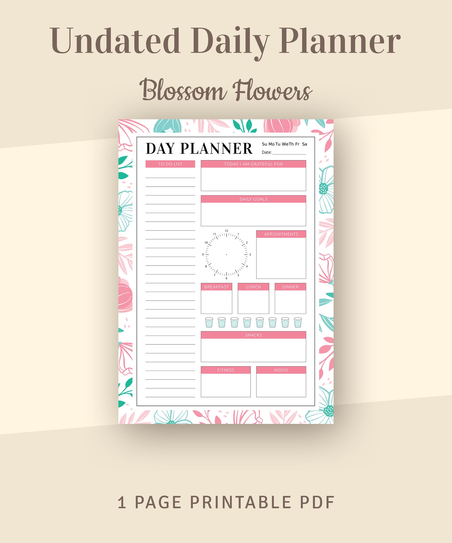 Undated Daily Planner Blossom Flowers Daily Agenda Template - Etsy