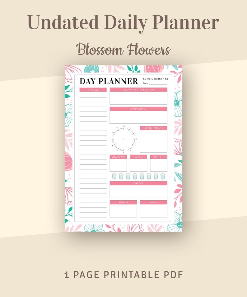 Undated Daily Planner Blossom Flowers Daily Agenda Template - Etsy