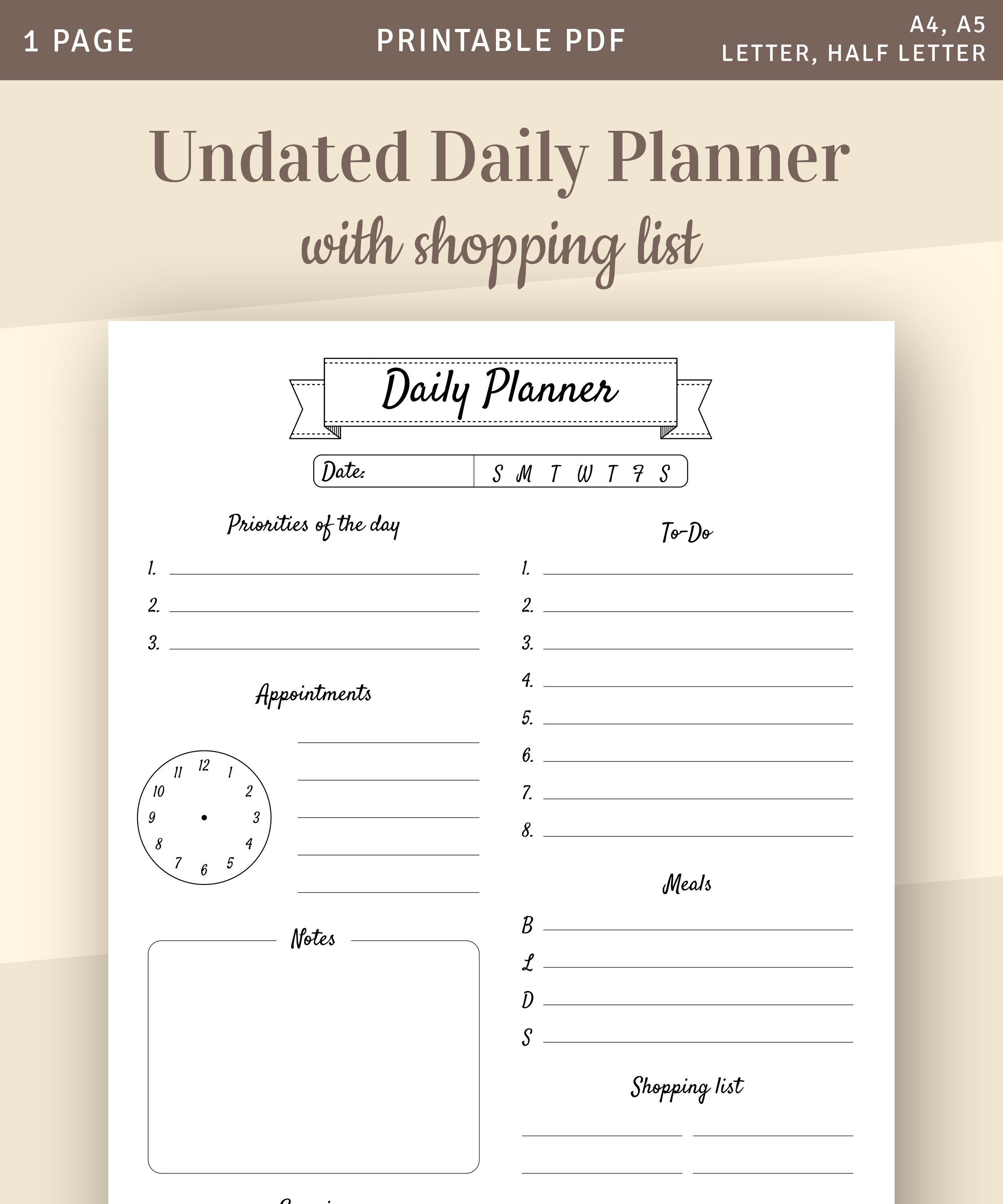 Undated Daily Planner With Shopping List Printable Daily - Etsy
