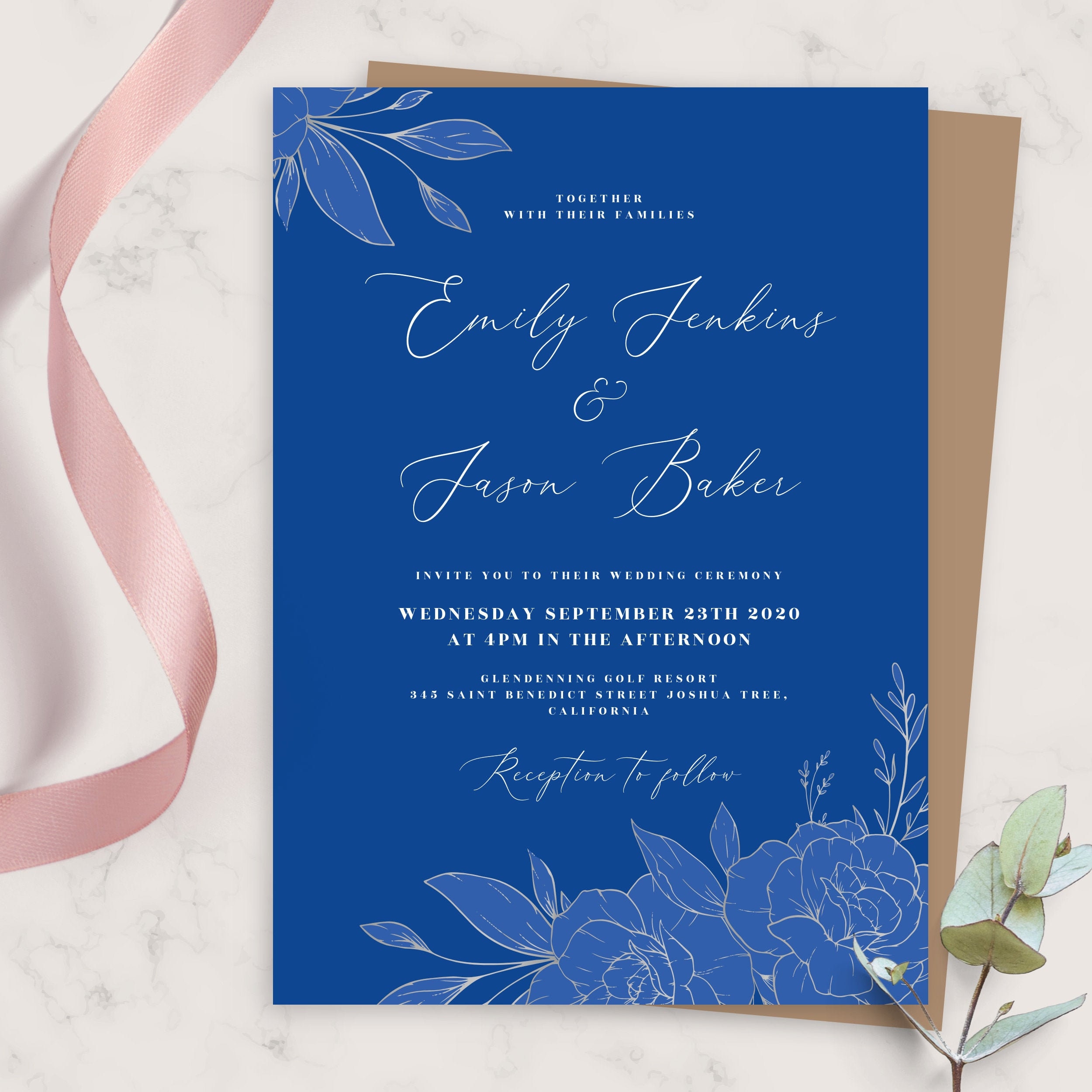 Royal Blue And Silver Wedding Invitations Template