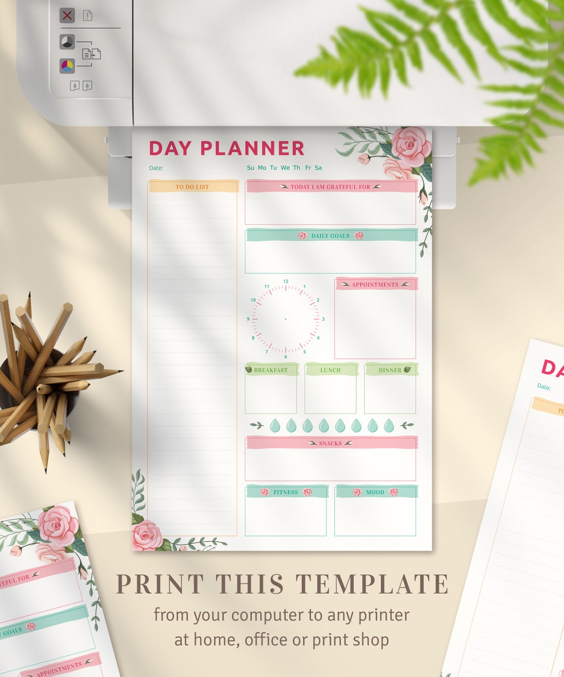 Colored Daily Planner With Blossom Roses Pattern, Day Agenda Template ...