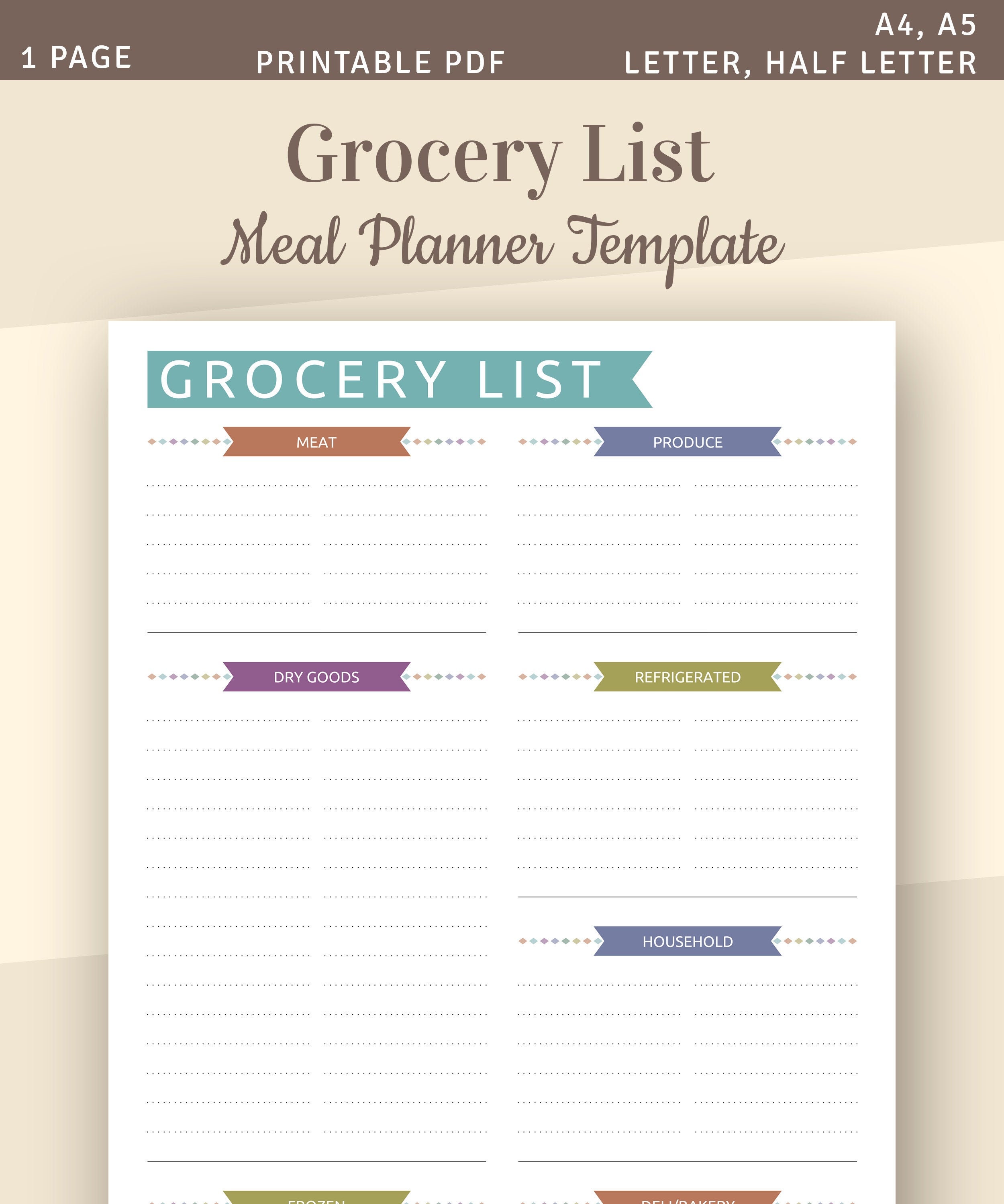 Printable Grocery List, Meal Planner Template (A4, A5, Letter, Half ...
