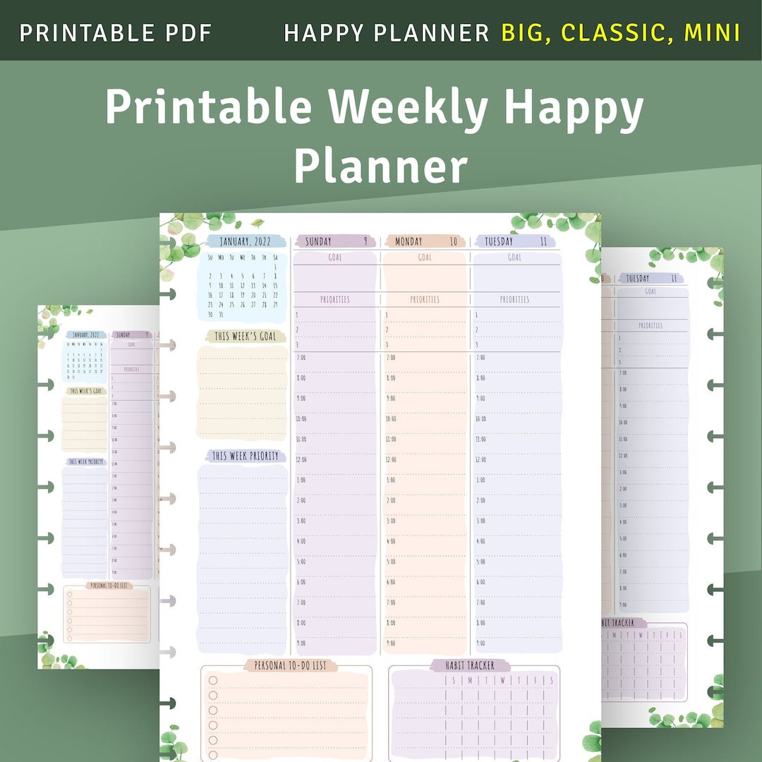 Weekly Happy Planner Inserts Printable, WO2P Template for Happy Planner ...