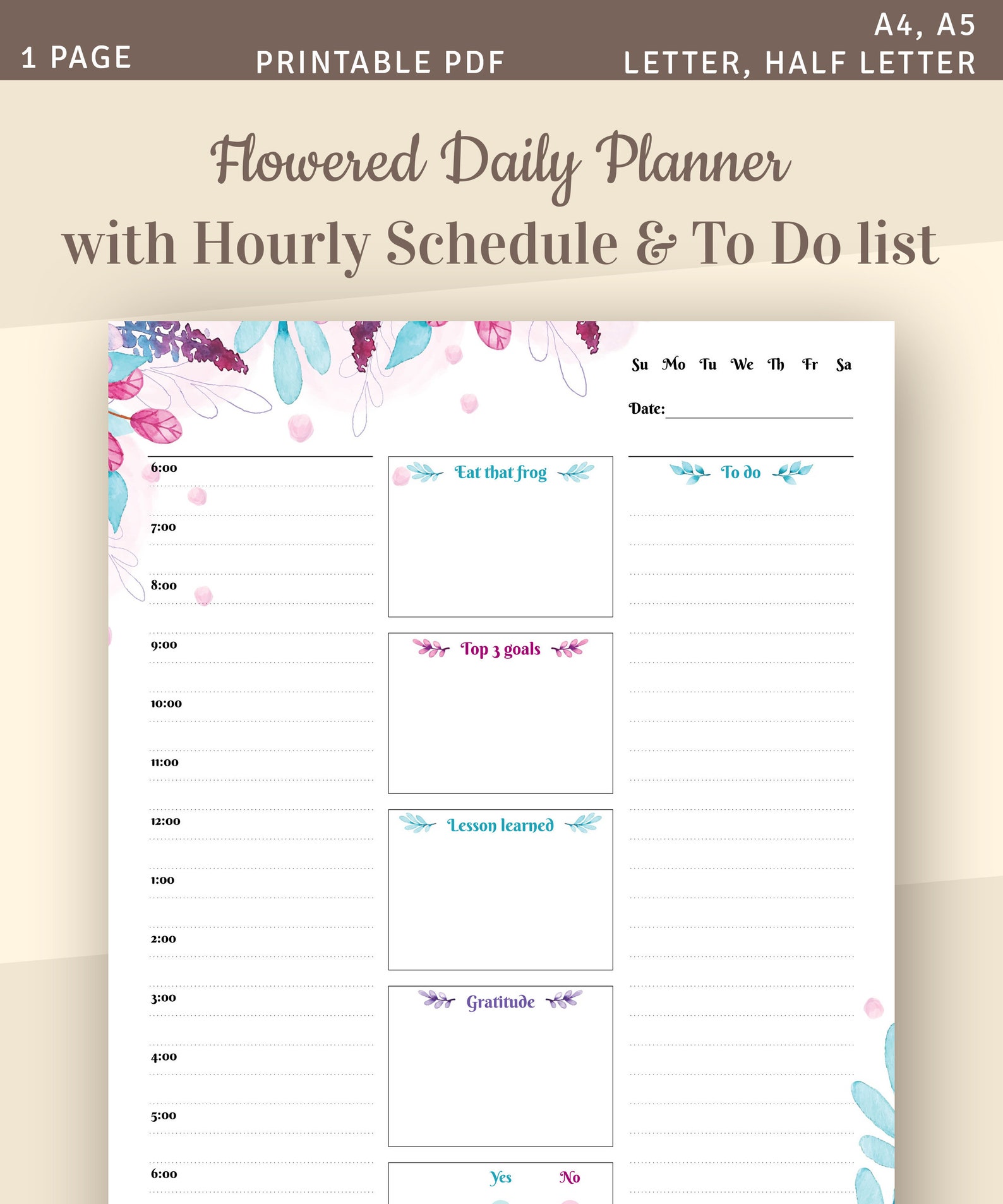 Flowered Daily Planner With Hourly Schedule & to Do List - Etsy