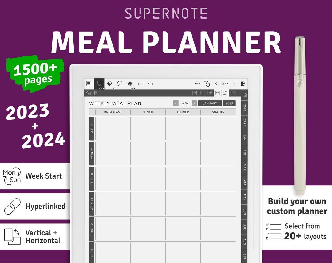 Supernote A5X A6X Meal Planner, Hyperlinked Weekly Meal Plan & Grocery ...