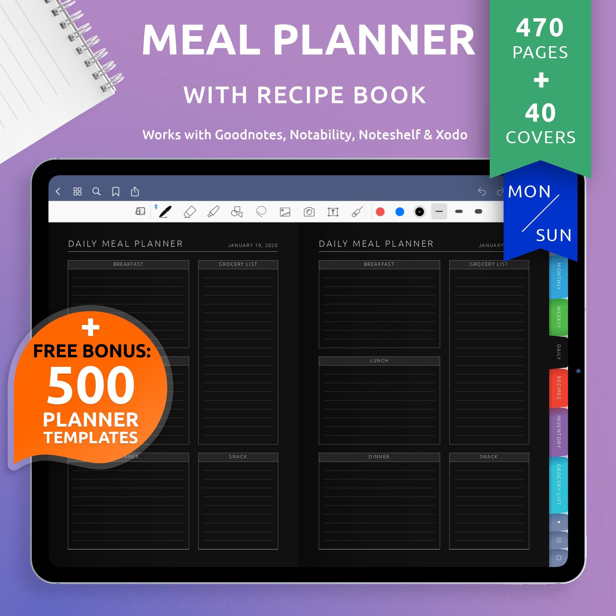 Digital Meal Planner for Goodnotes Notability dark Daily / - Etsy