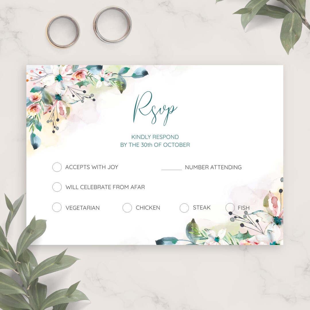 Botanical Watercolor Wedding Rsvp Card Template, Printable Wedding Rsvp ...