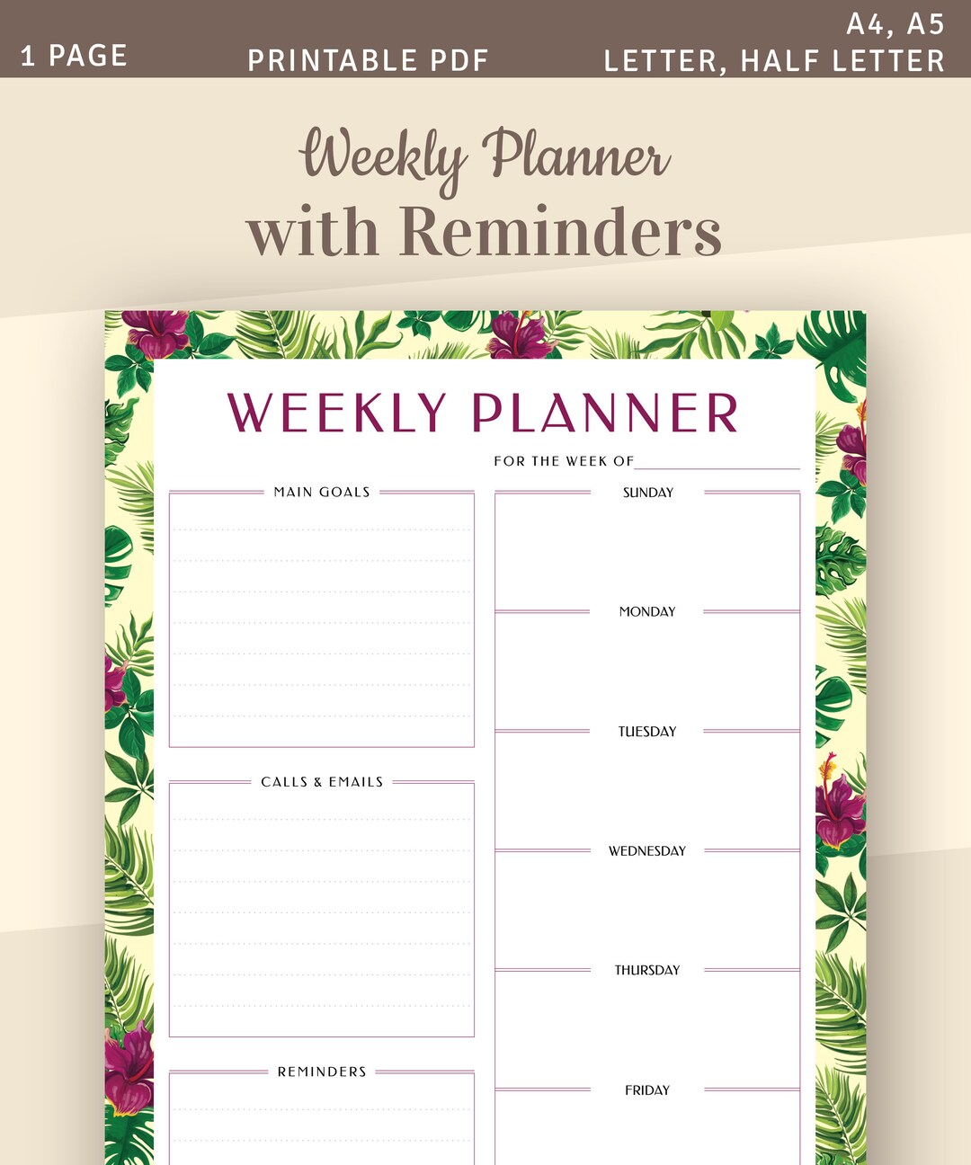 Weekly Planner With Reminders, Undated Weekly Agenda Template, Instant ...