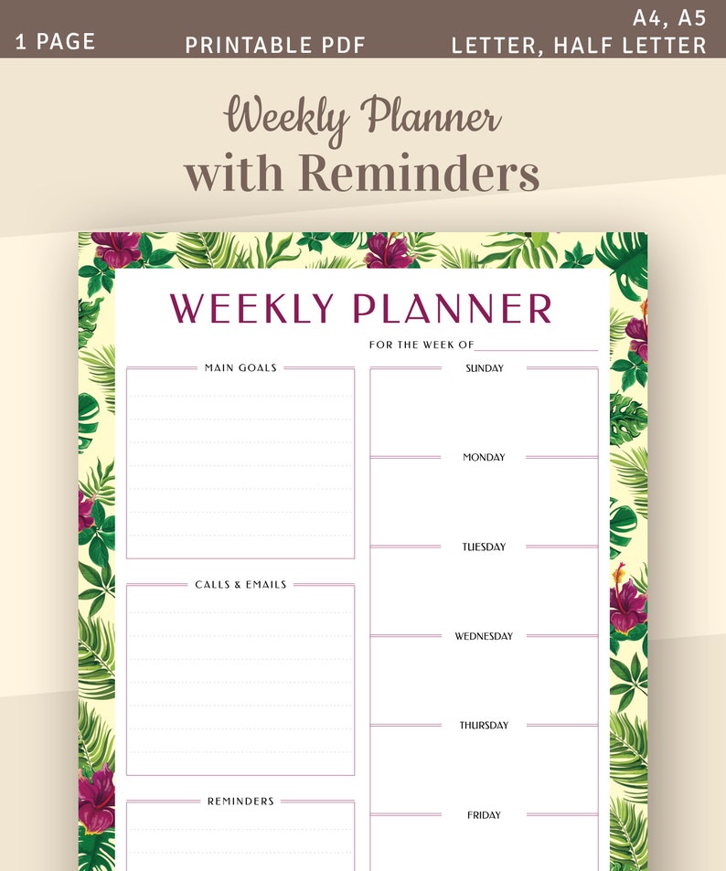 Weekly Planner With Reminders Undated Weekly Agenda Template | Etsy