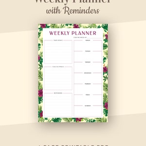 Weekly Planner With Reminders, Undated Weekly Agenda Template, Instant ...