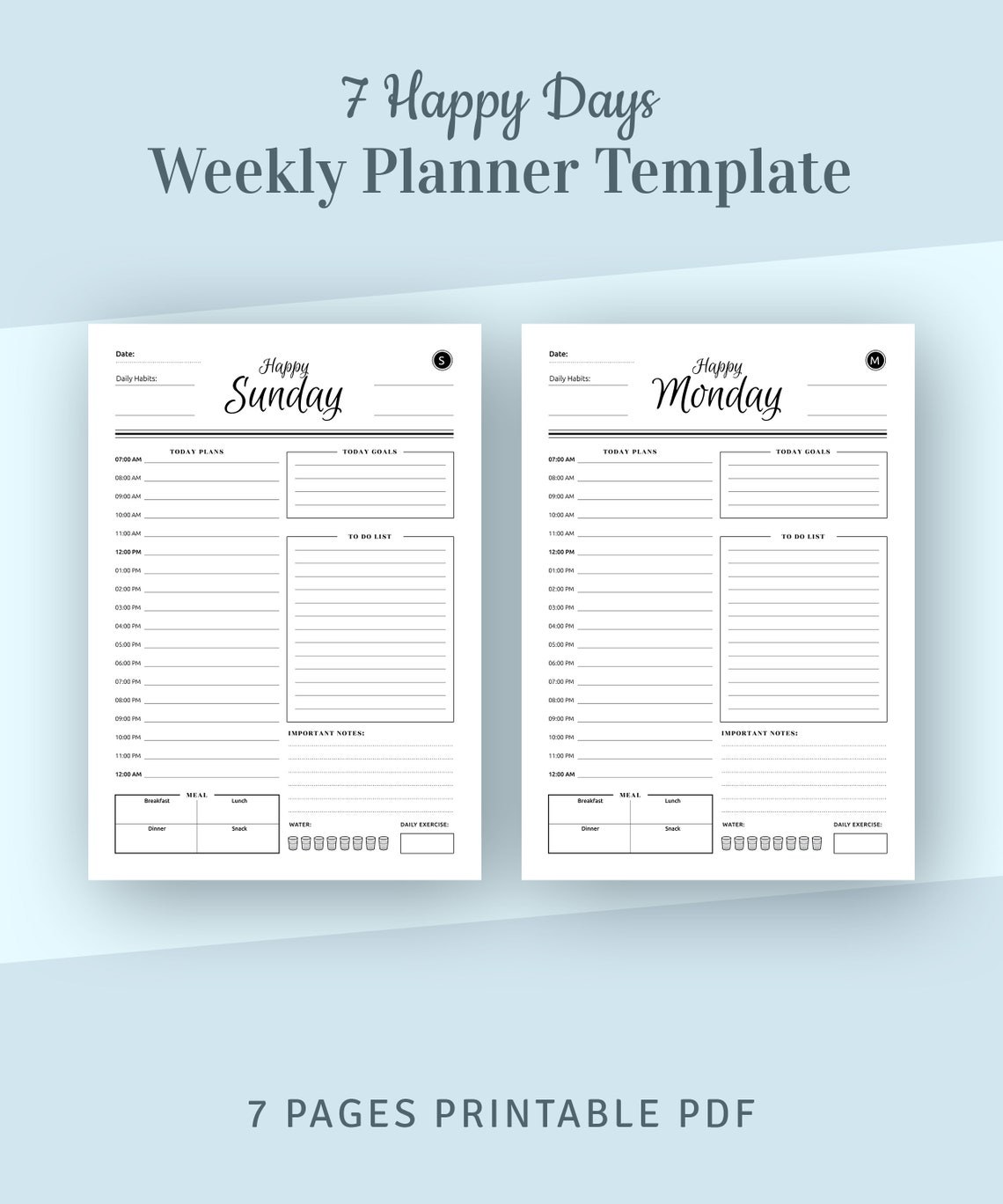 Weekly Planner Template 7 Happy Days, Daily Planner Printable, Hourly ...