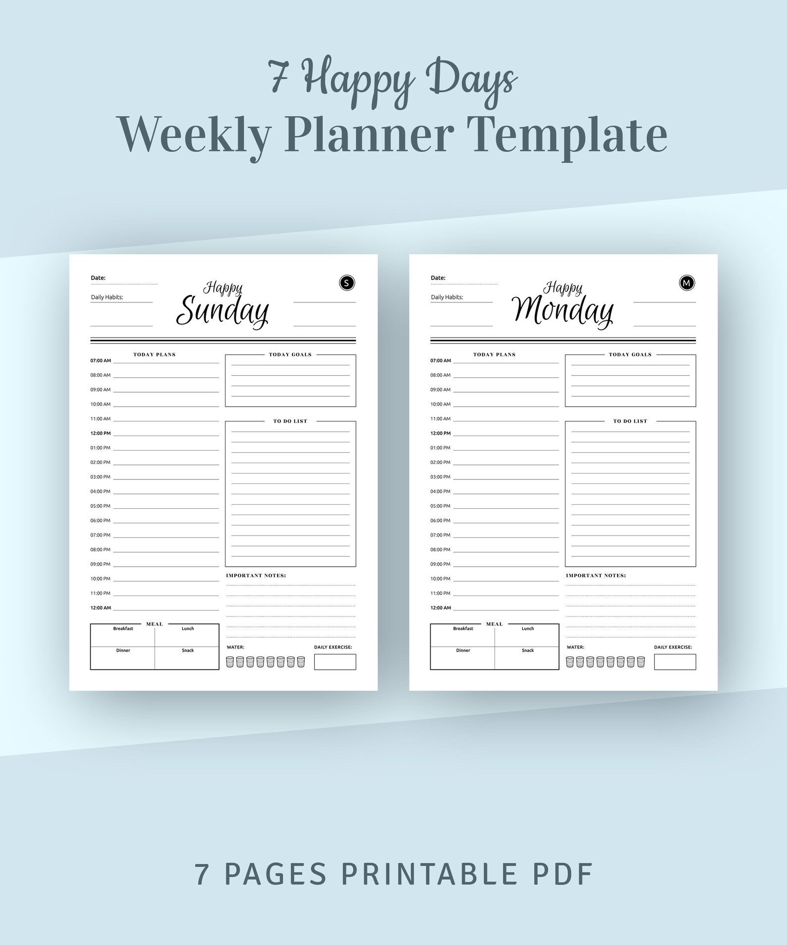 Weekly Planner Template 7 Happy Days, Daily Planner Printable, Hourly ...