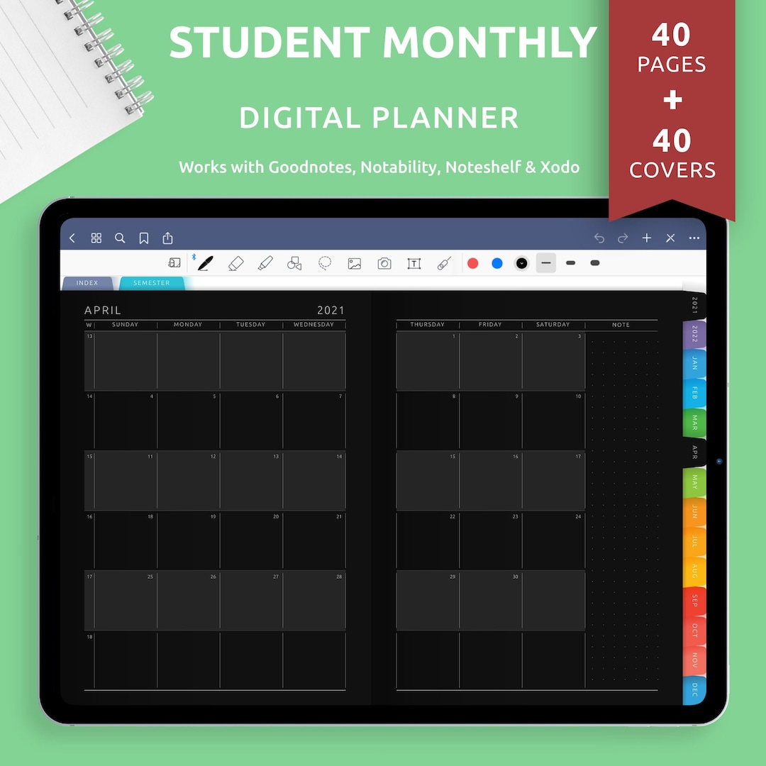 Student Monthly Digital Planner for Goodnotes, Notability, Academic ...