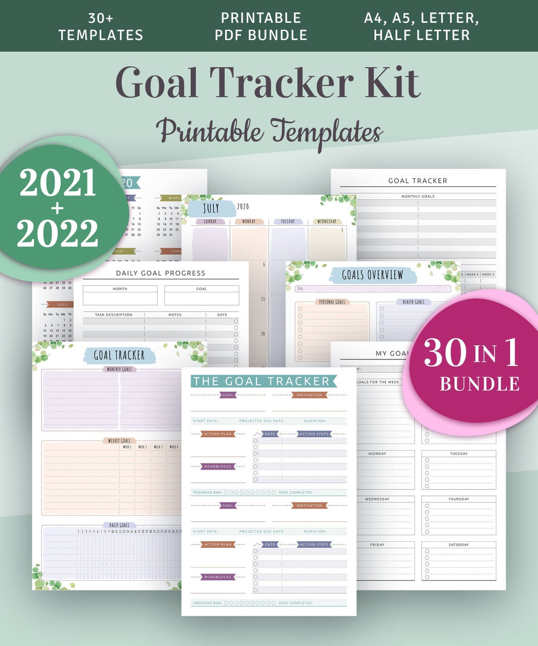 Goal Tracker Kit, Collection 30 in 1 Printable Goal Tracking Templates ...