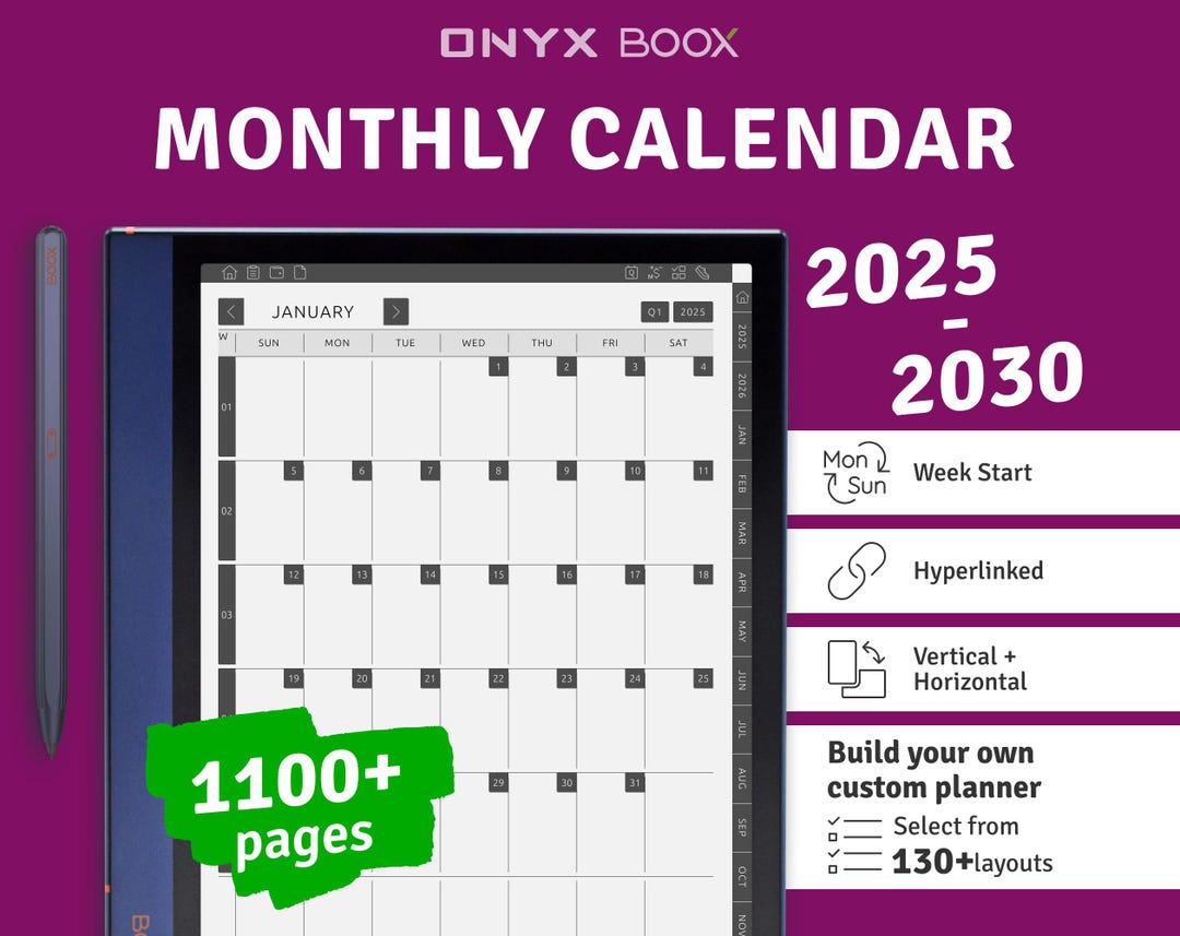 2025-2030 BOOX Note Air Monthly Calendar: Hyperlinked PDF Planner - Etsy