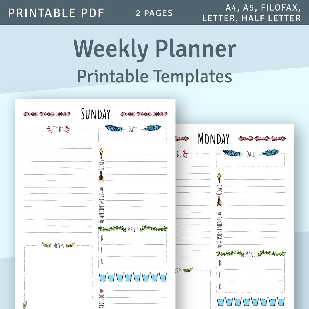 Undated Weekly Planner, Boho Style Weekly Agenda Template, Instant ...