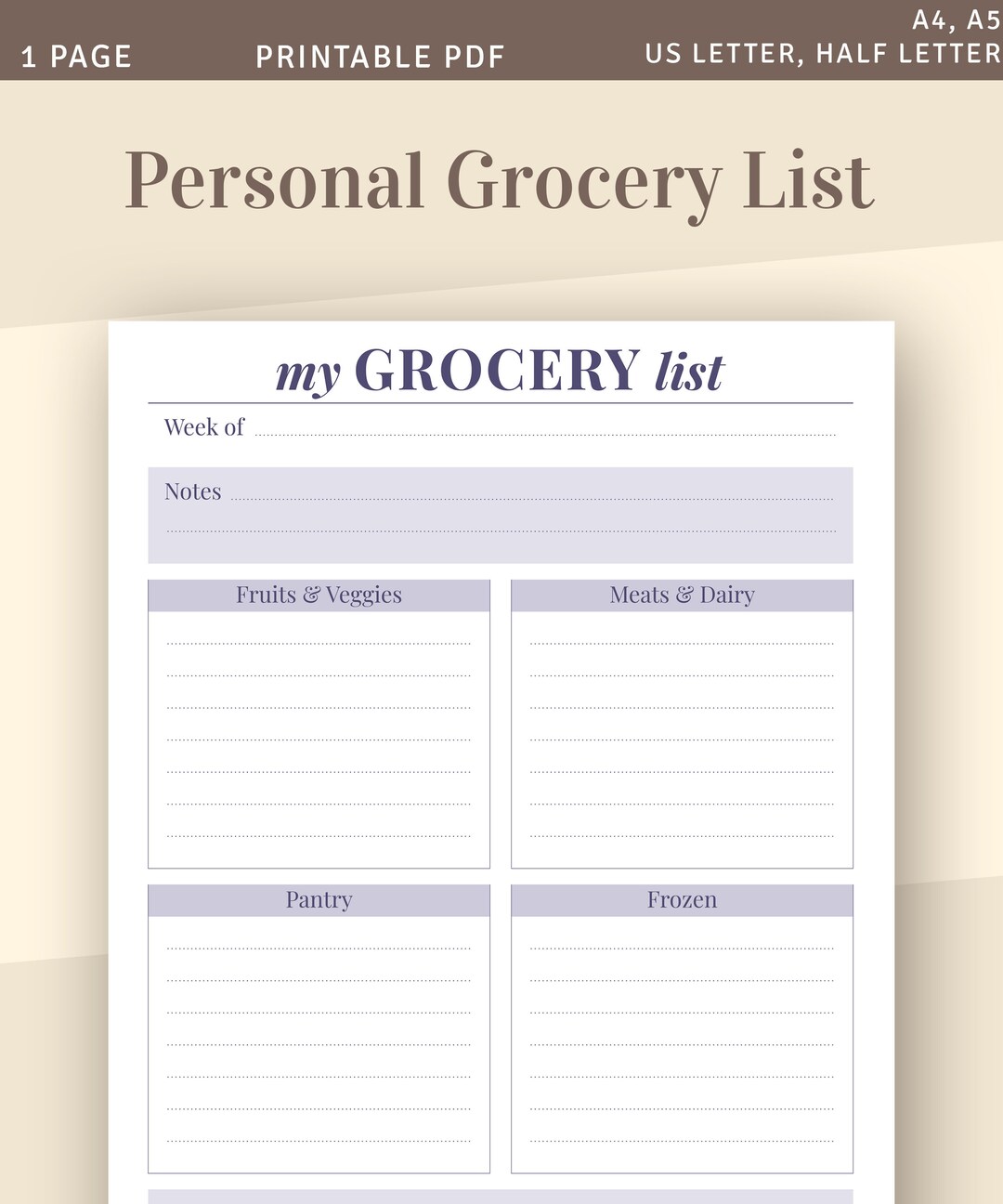 Personal Grocery List Template, Printable Food Shopping List, Instant ...