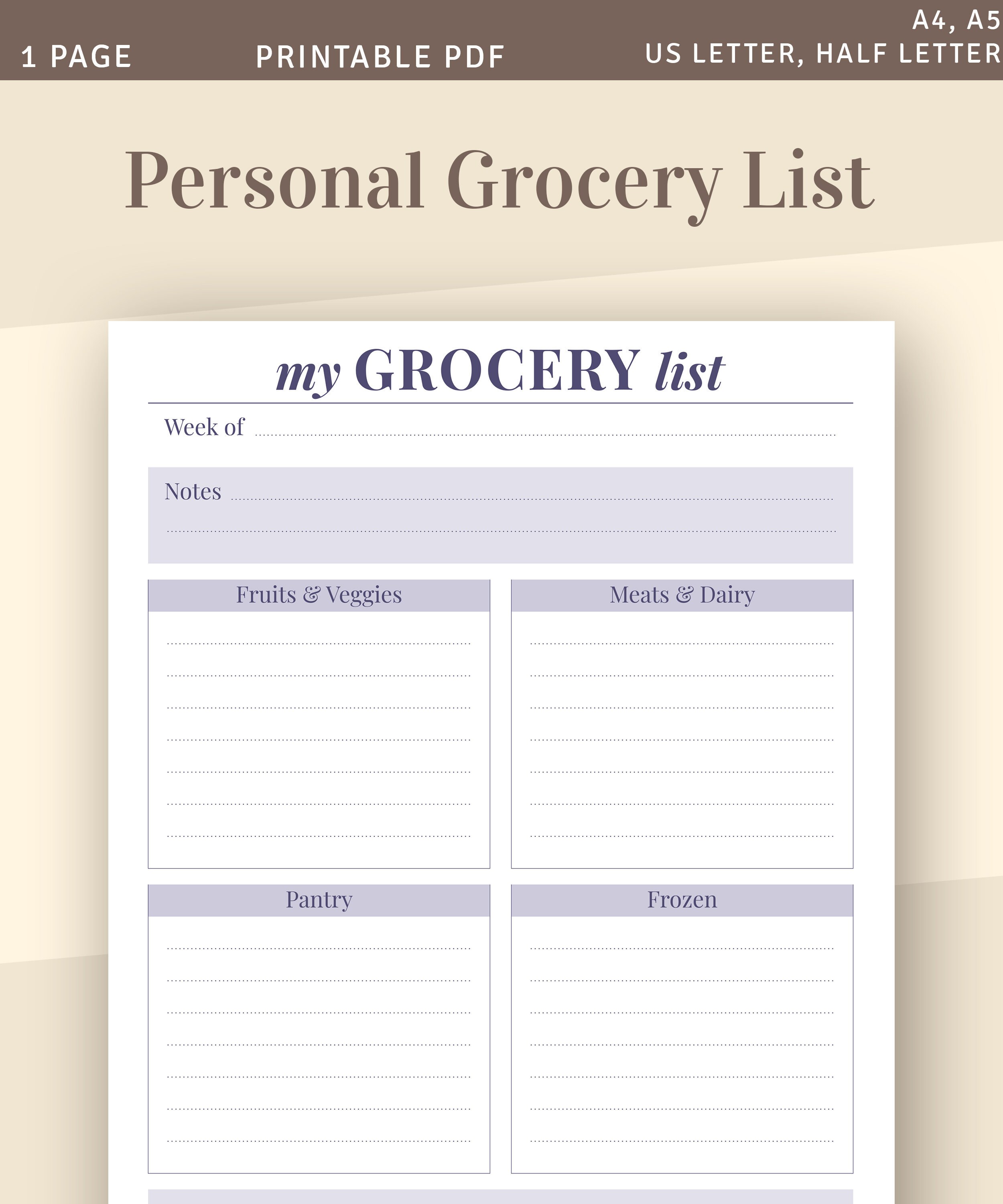 A4 Elegant Design Grocery List Printable Instant Download & US Letter ...