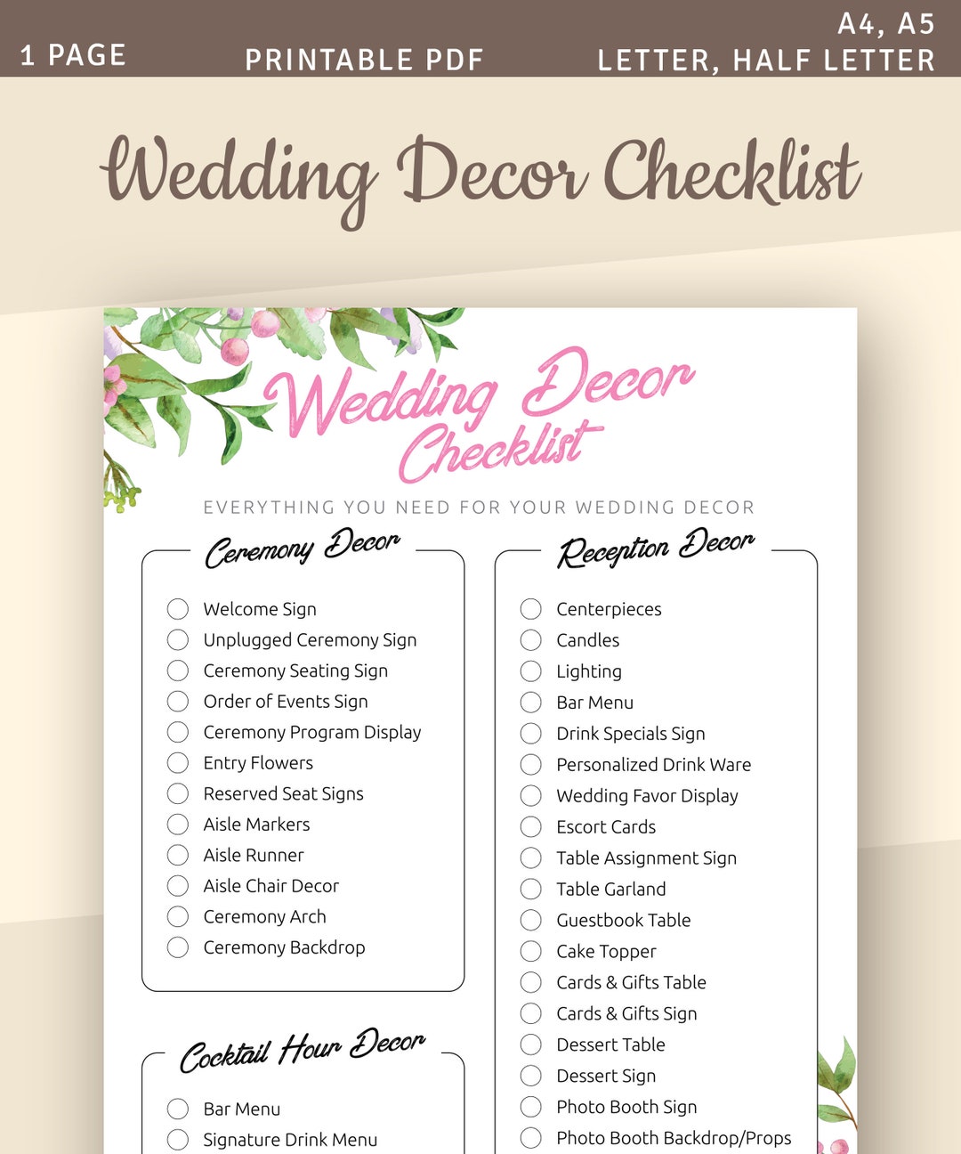 Wedding Decor Checklist, Printable Template, A4, A5, Letter, Half ...
