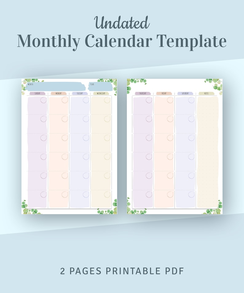 Floral Undated Monthly Calendar Printable, A4 A5 Letter Size (PDF) - Etsy