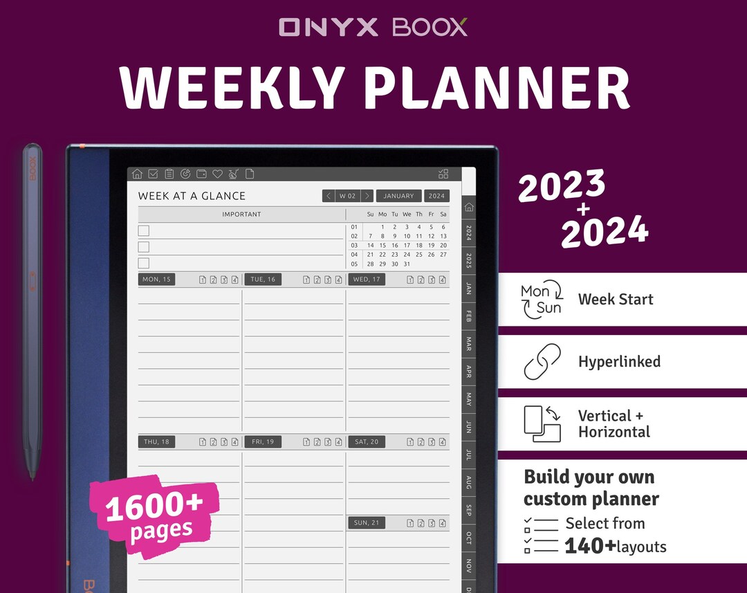 2024 2025 BOOX Note Air Weekly Planner, Hyperlinked Digital Planner ...