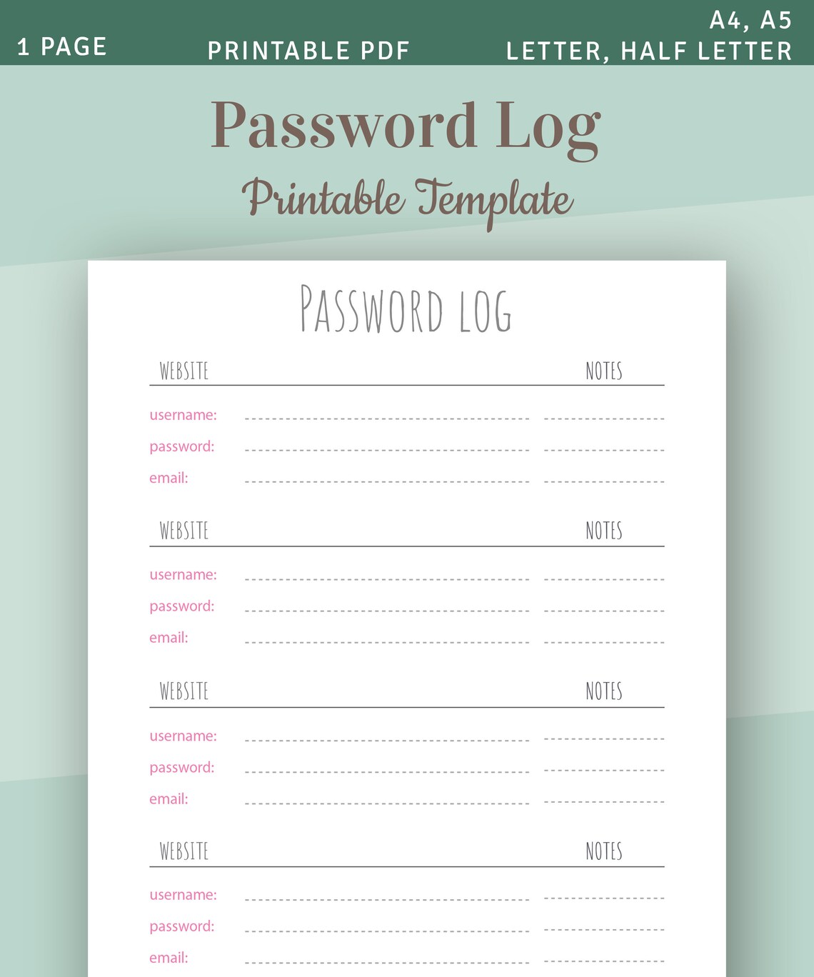 Password Log Printable Template (A4, A5, Letter, Half Letter) - Etsy
