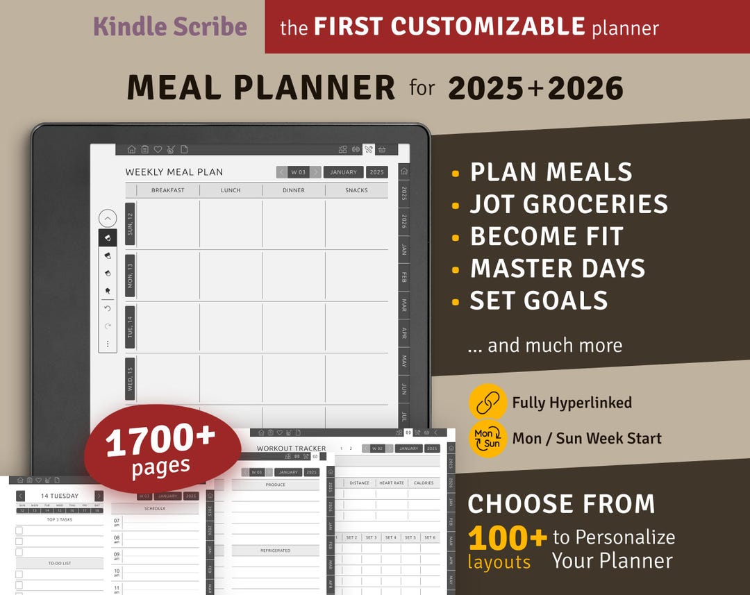2025 + 2026 Kindle Scribe Meal Planner, Hyperlinked Digital Planner ...