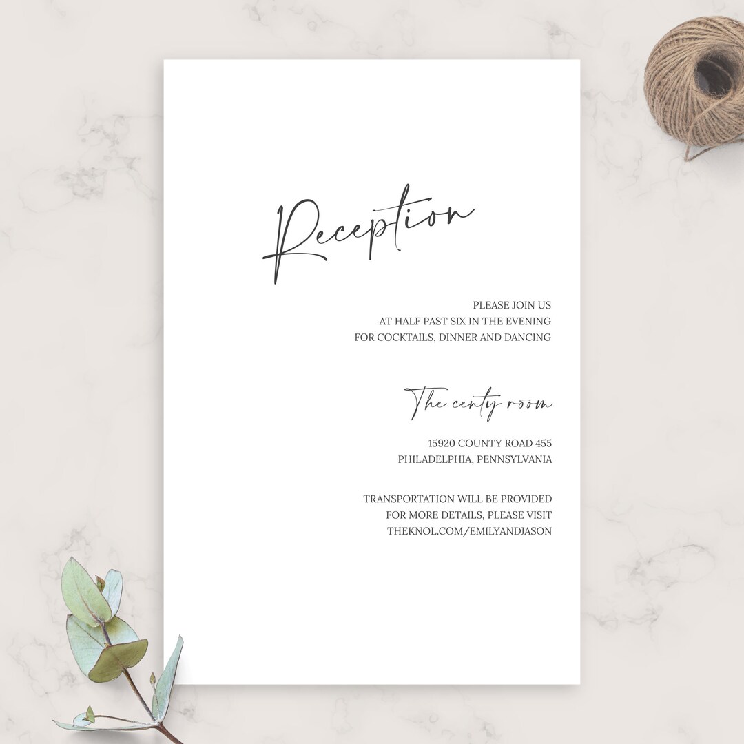 Simple Script Formal Wedding Reception Card, DIY Printable Wedding ...