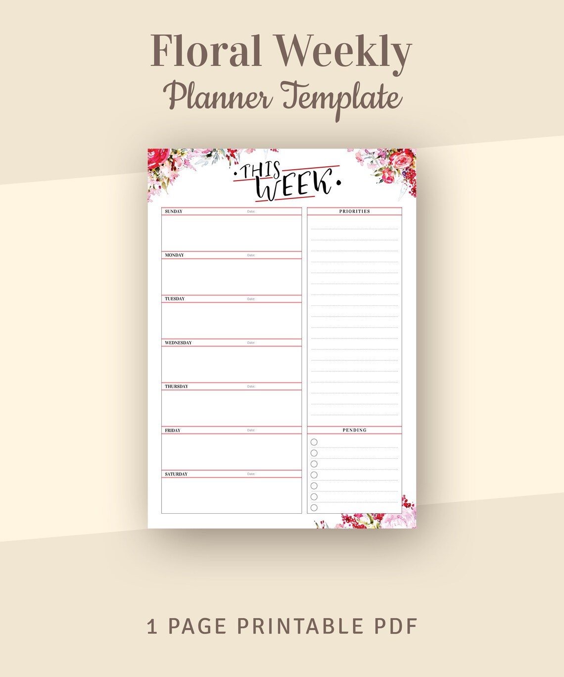 Floral Weekly Planner Template Weekly Organizer Undated - Etsy