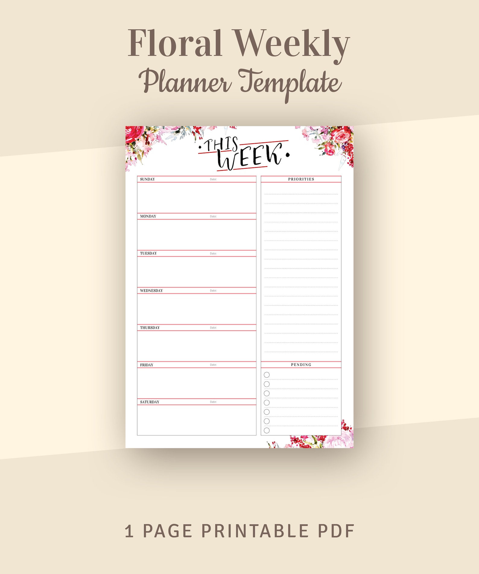 Floral Weekly Planner Template Weekly Organizer Undated - Etsy