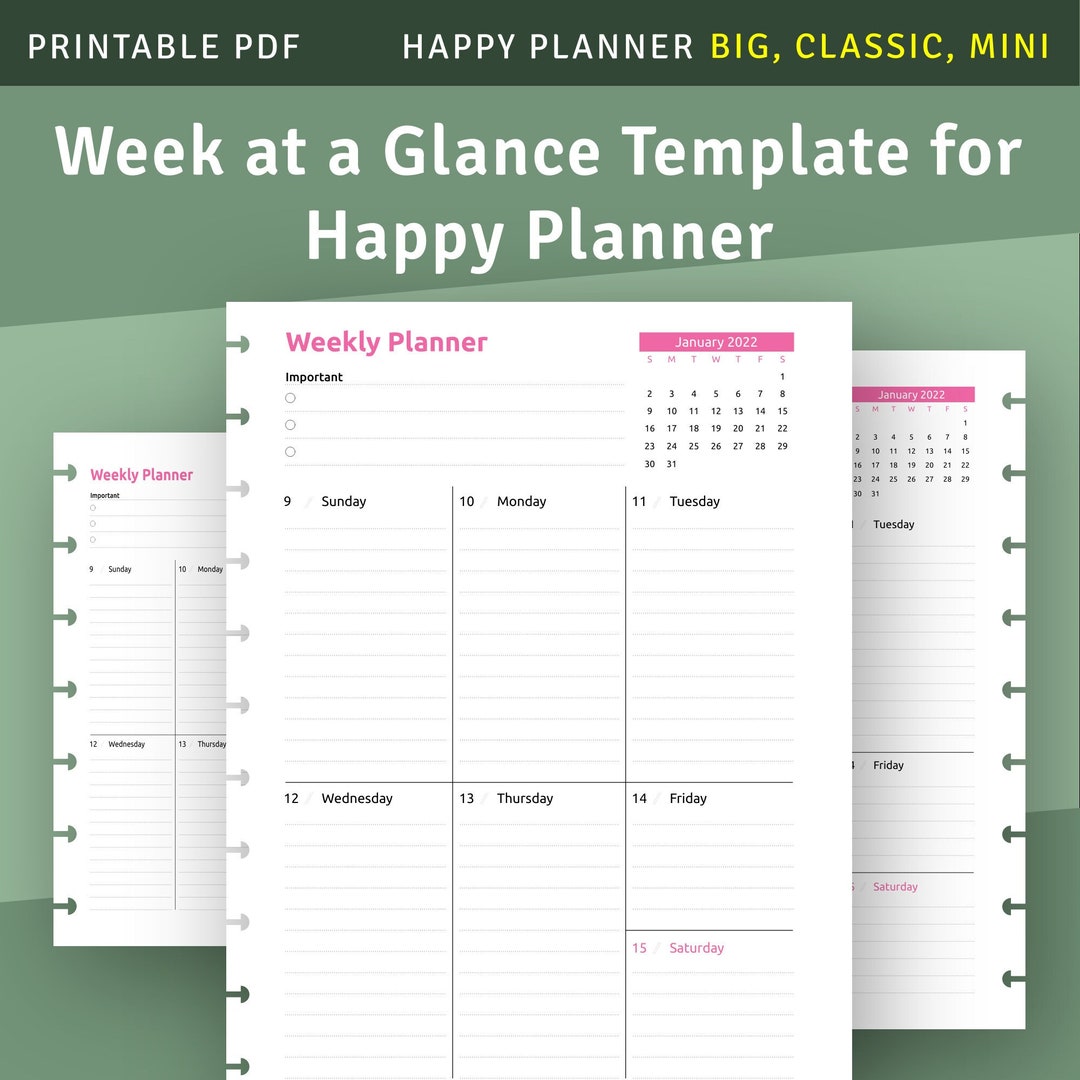 Week at a Glance Happy Planner Template, Printable Weekly Agenda for ...