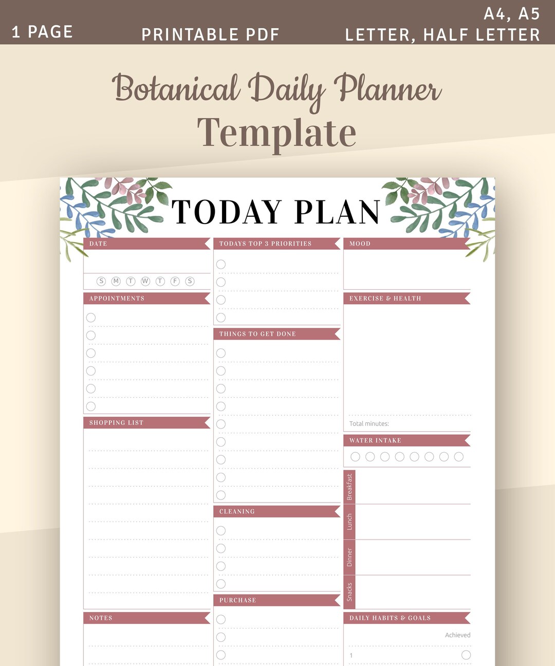 Botanical Daily Planner Template, Undated Daily Agenda, Instant ...