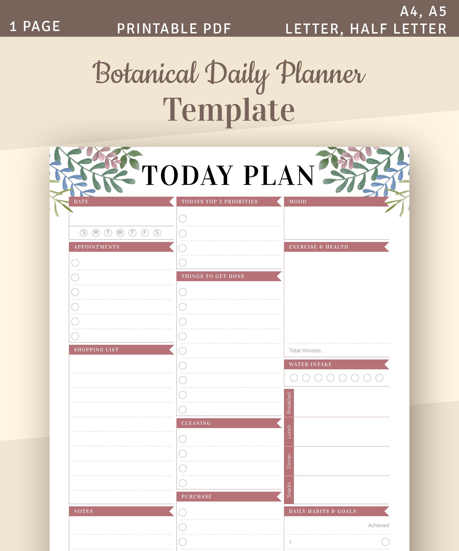 Botanical Daily Planner Template Undated Daily Agenda - Etsy