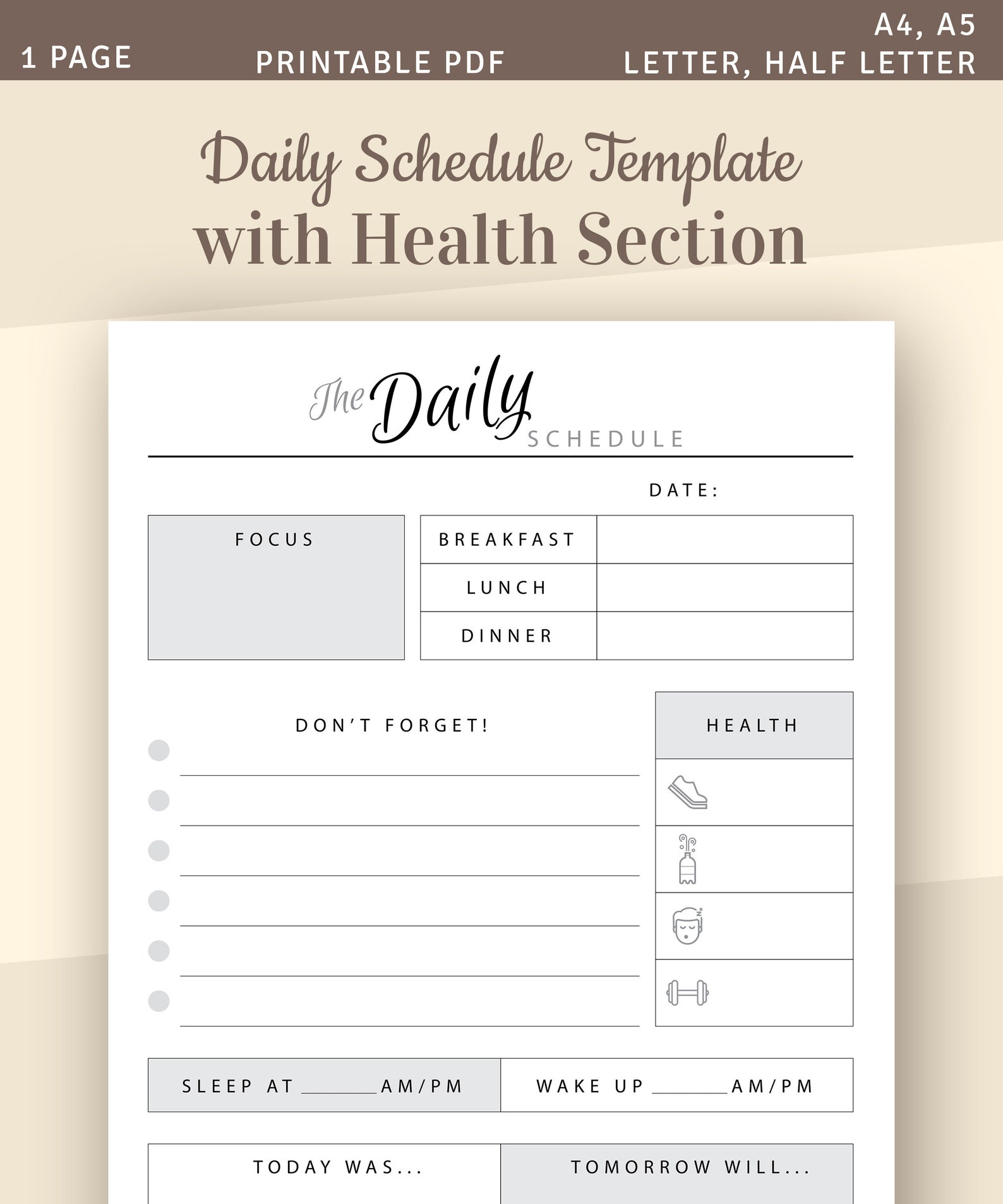 Daily Schedule Template With Health Section, Printable PDF - Etsy