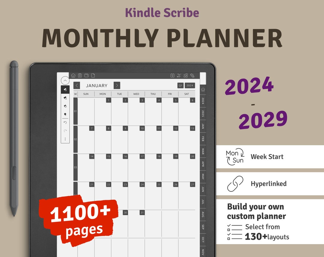 2024 2029 Kindle Scribe Monthly Calendar 5 Years, Hyperlinked Digital ...