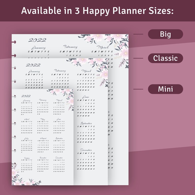 Yearly Calendar Pages for Happy Planner Classic / Big / Mini, Printable ...