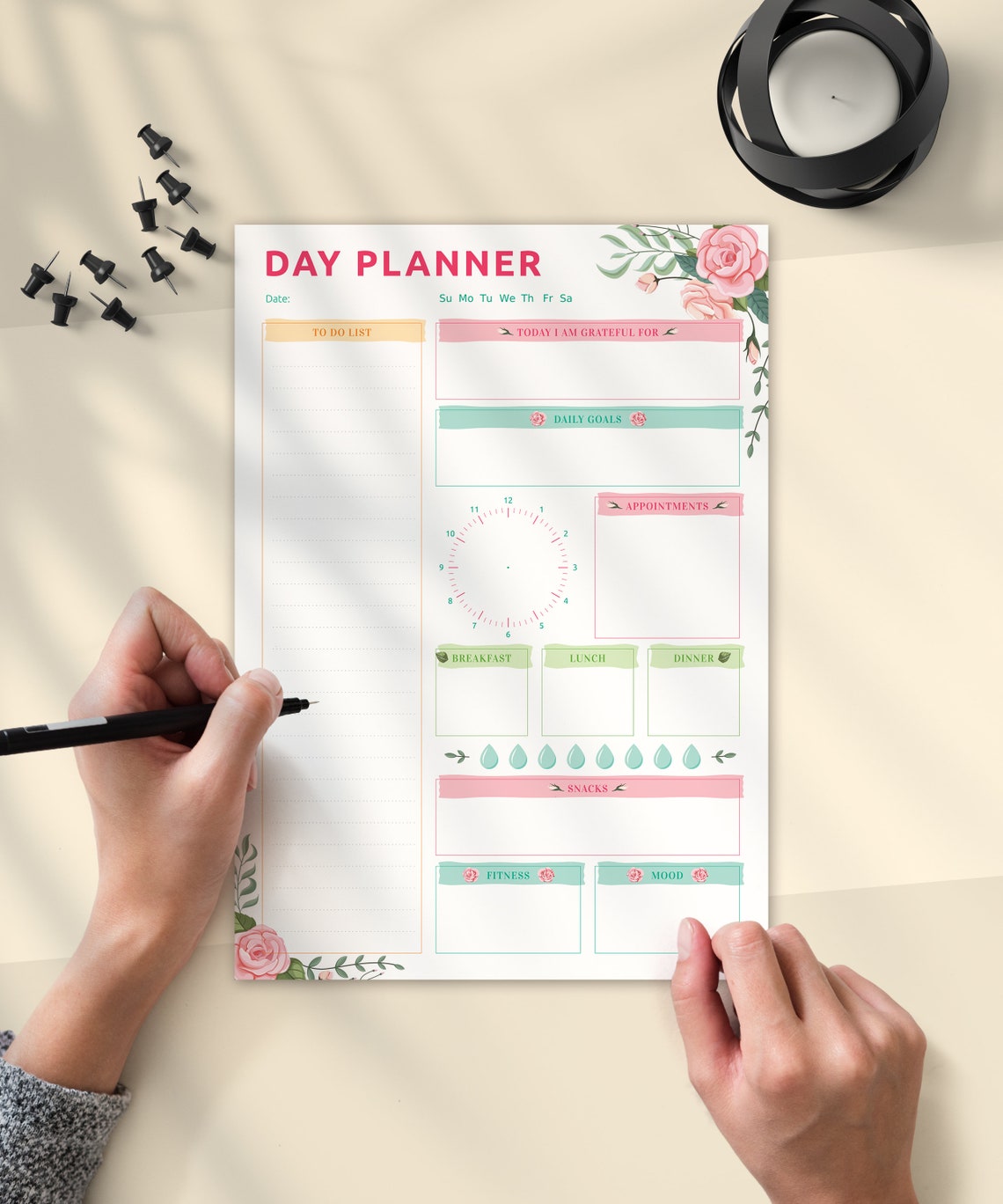 Colored Daily Planner With Blossom Roses Pattern Day Agenda - Etsy