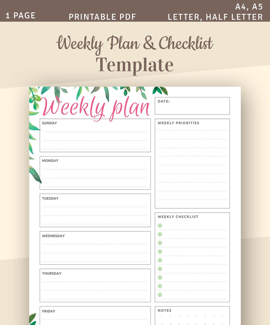 Weekly Planner Printable, Agenda Insert, Weekly Plan & Checklist ...
