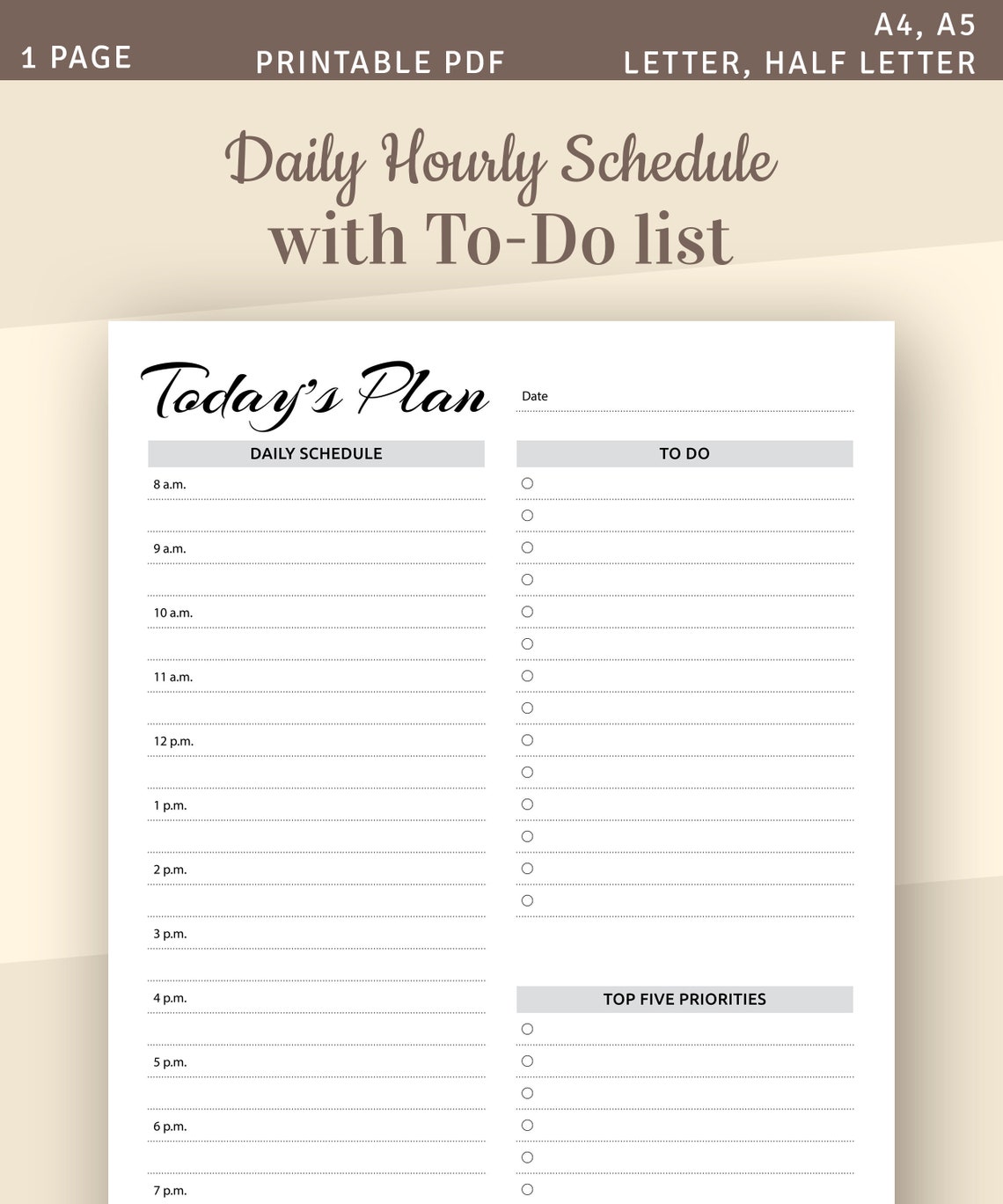 Daily Hourly Schedule Printable, To-do List, A4 A5 (PDF) - Etsy