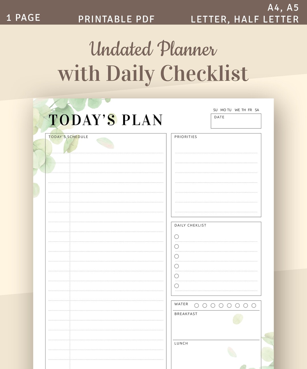 Undated Planner With Daily Checklist, Daily Agenda Printable Template ...