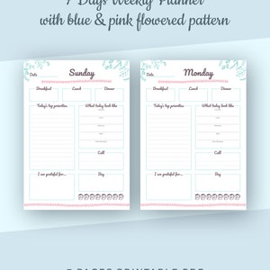 7 Days Weekly Planner With Blue & Pink Flowered Pattern, Weekly Agenda ...