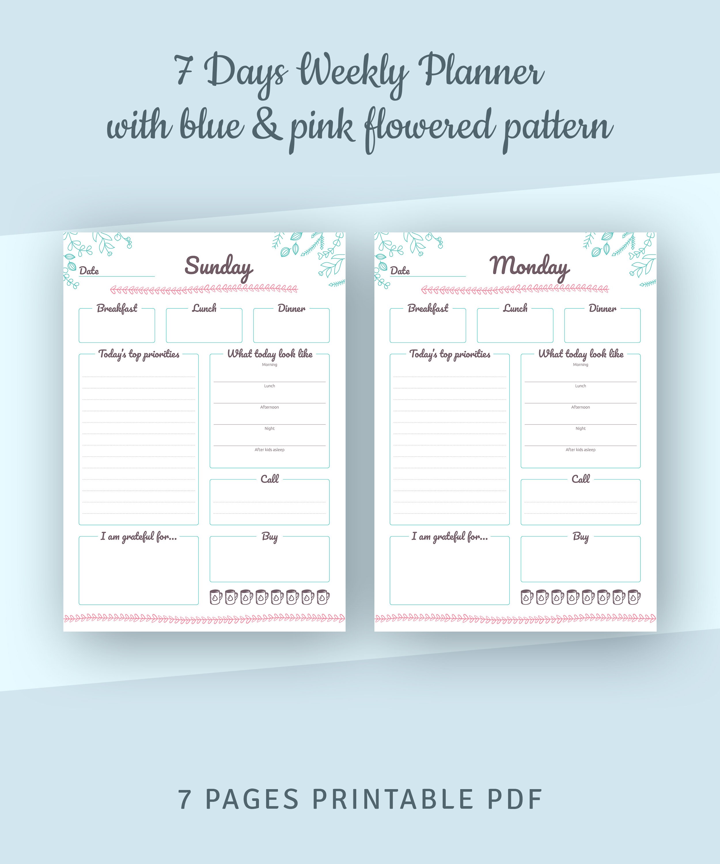 7 Days Weekly Planner With Blue & Pink Flowered Pattern, Weekly Agenda ...