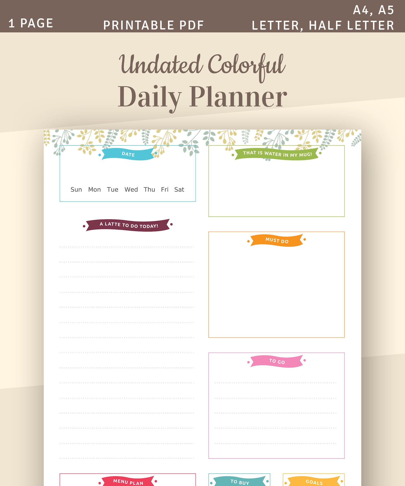 Undated Colorful Daily Planner Template Daily Agenda | Etsy