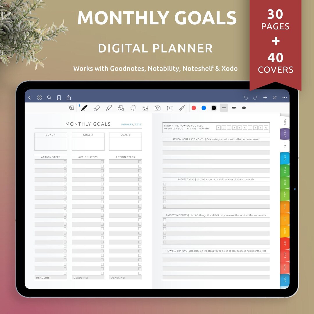 Digital Monthly Goal Planner for Goodnotes, Notability, Goal Planning ...