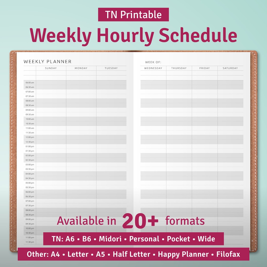 Traveler's Notebook Weekly Hourly Schedule Insert (PDF) - Etsy