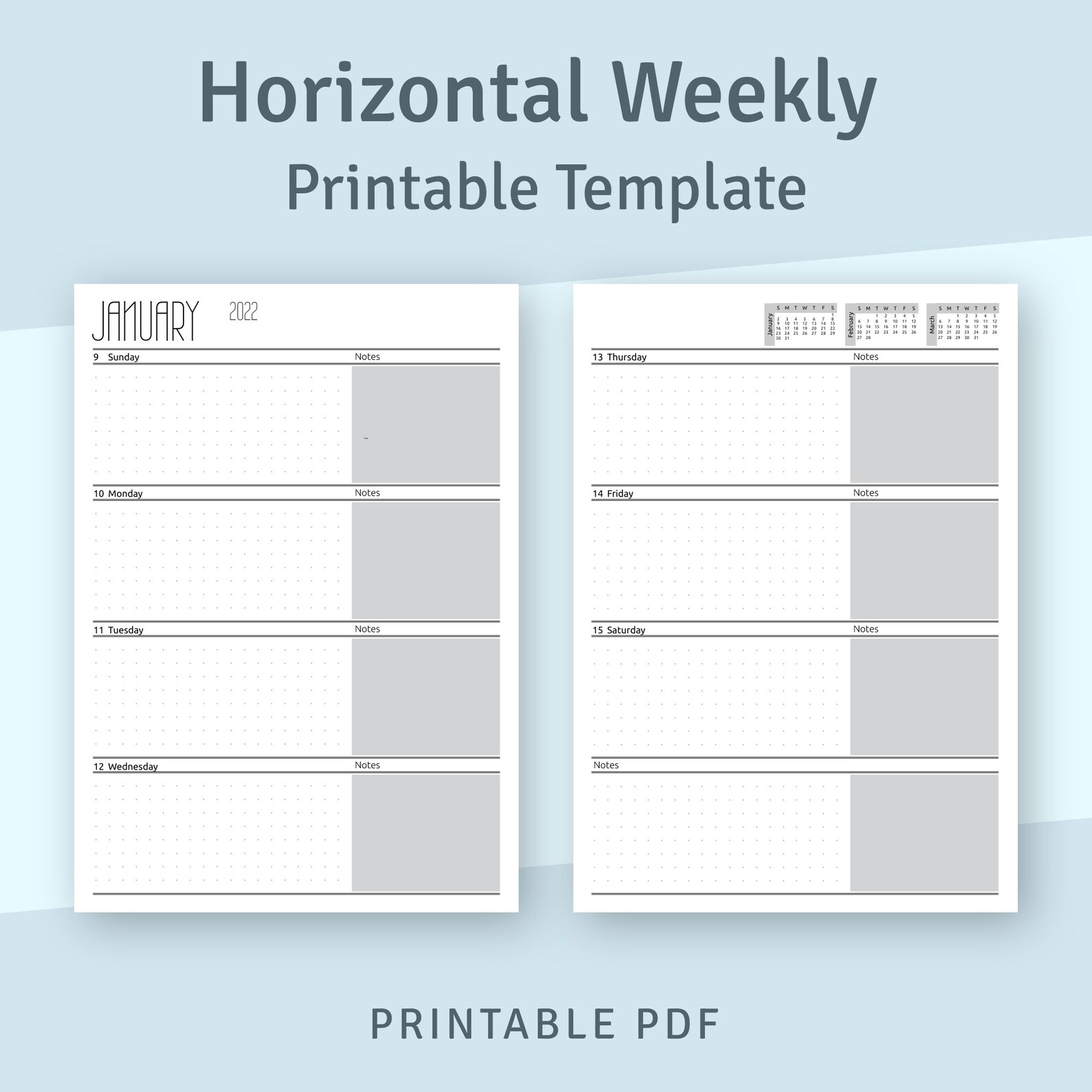 Horizontal Weekly Planner Template, Printable PDF, Undated - Etsy