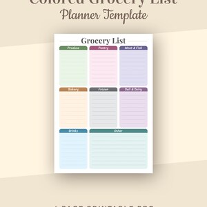 Colored Grocery List Planner Template, Printable Shopping List, Instant ...
